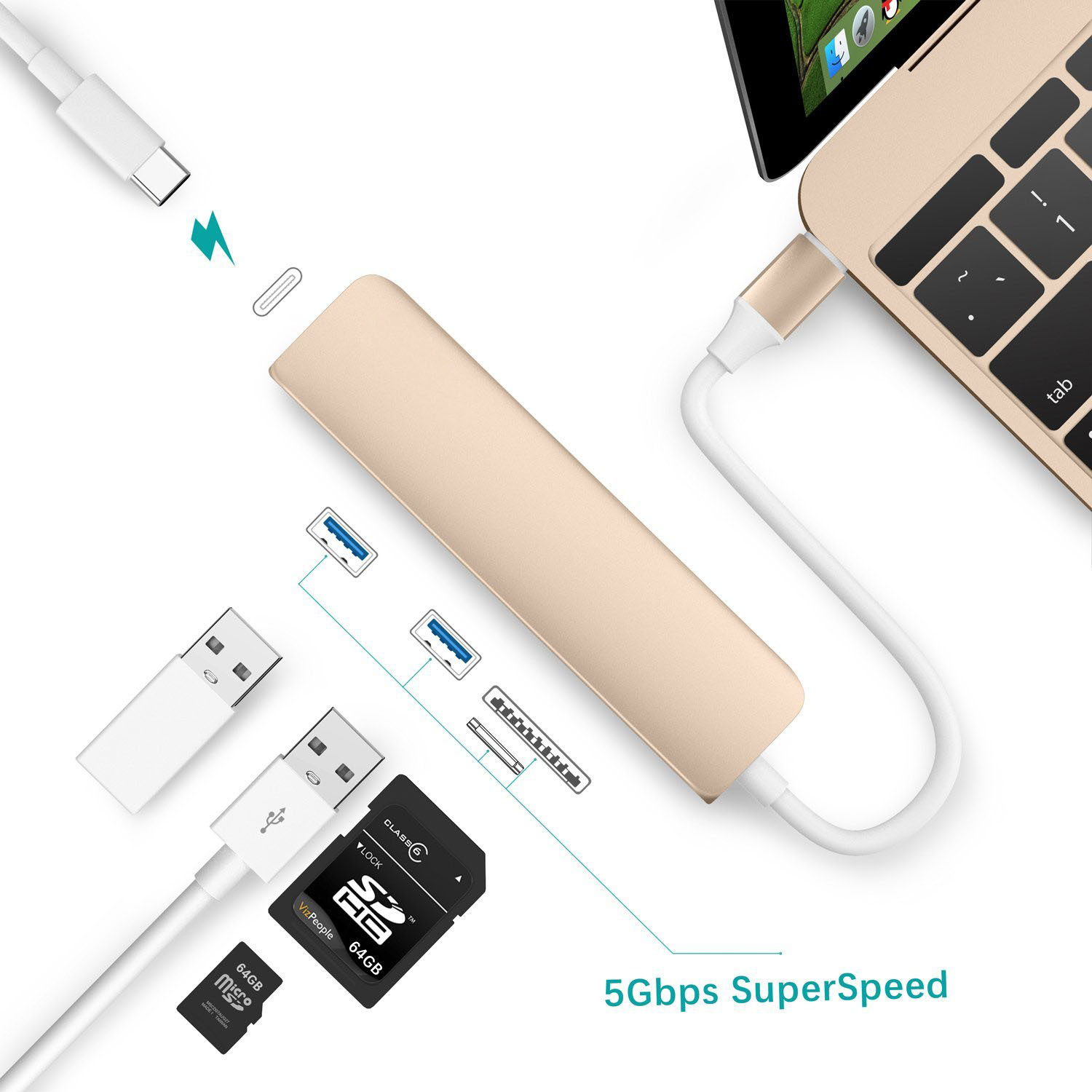 Type-C USB 3.0 3 in 1 Hub - Passthrough USBC Combo Charging Hub for MacBook